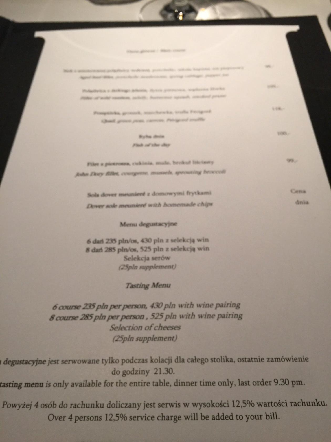 Menu at Nolita Restaurant, Warsaw
