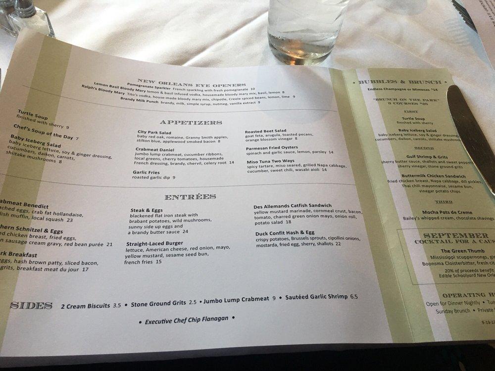 Menu at Ralph's on the Park restaurant, New Orleans