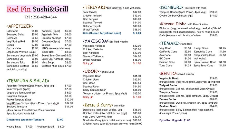 Menu at Red Fin sushi restaurant, Creston, A Canyon St