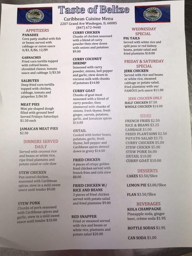 Menu at Taste Of Belize restaurant, Waukegan, Grand Ave
