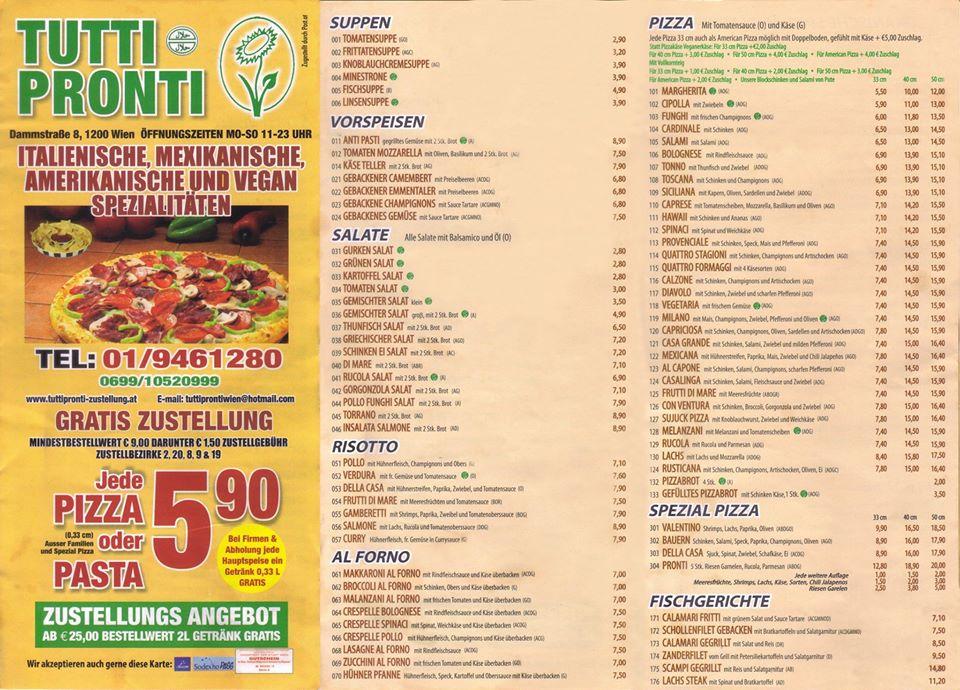 Menu at Tutti Pronti pizzeria, Vienna