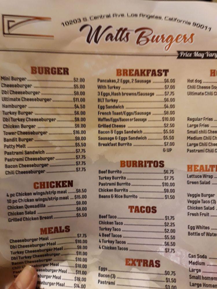 Menu at Watts Burgers fast food, Los Angeles
