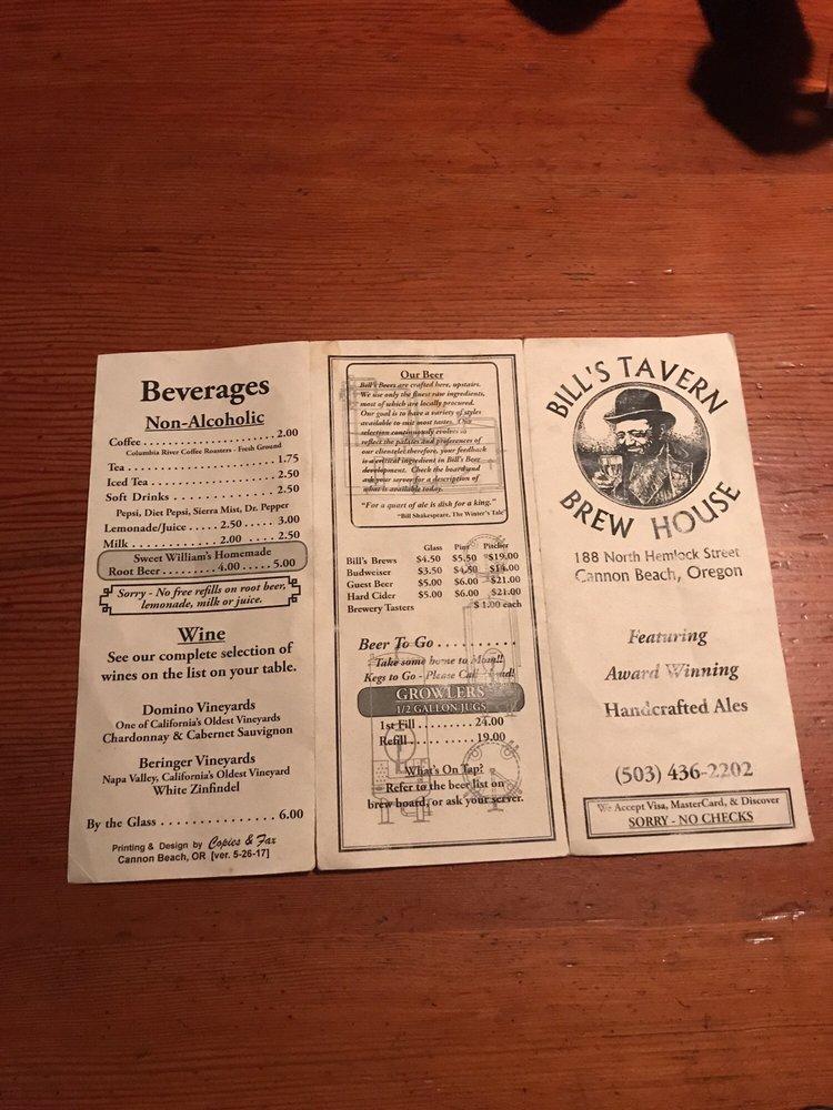Menu at Bill's Tavern & Brewhouse pub & bar, Cannon Beach