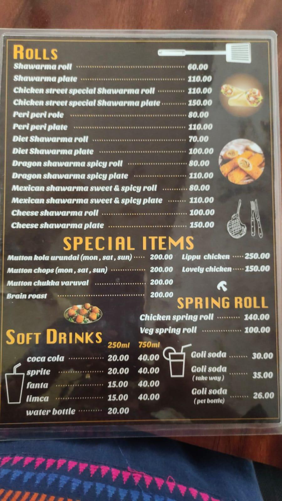 Menu at Chicken Street Restaurant, Puducherry