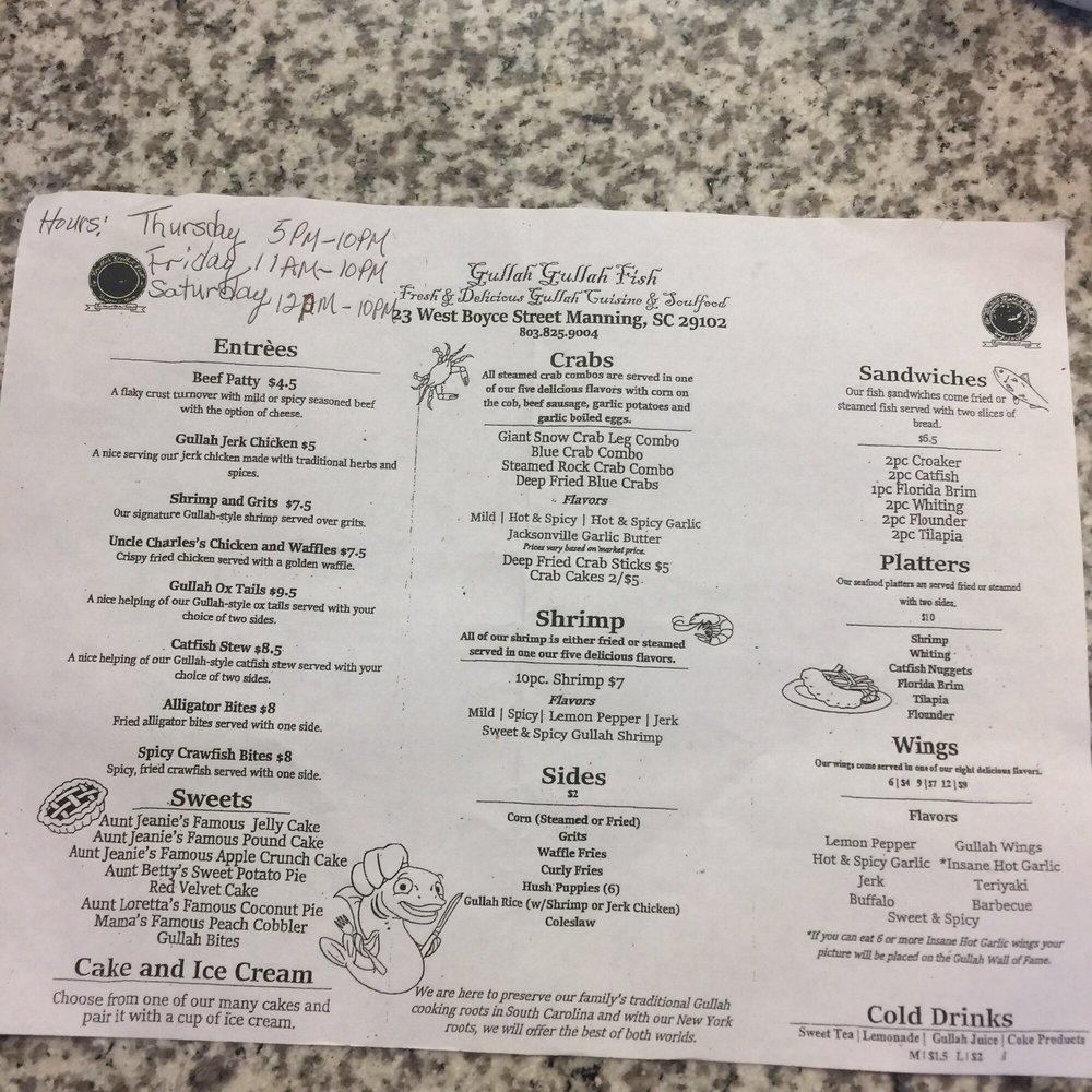 Menu at Gullah Gullah Fish restaurant, Manning