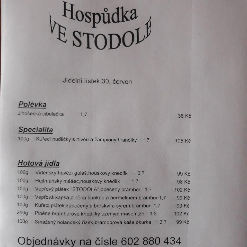 Menu at Stodola restaurant, Milevsko
