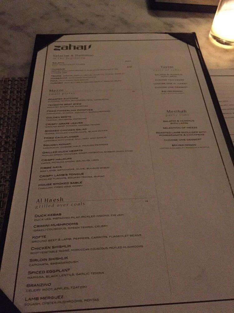 Menu at Zahav restaurant, Philadelphia