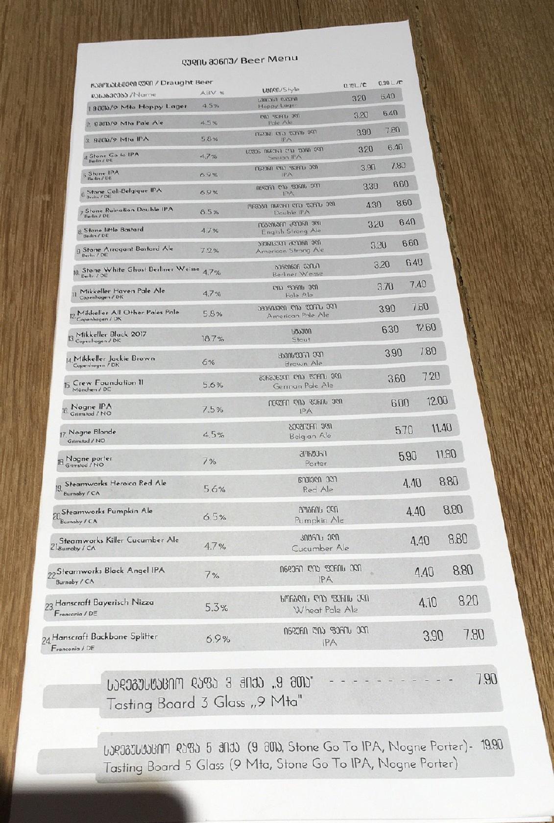 Menu at 9 Mta restaurant, Tbilisi, Dedaena Park