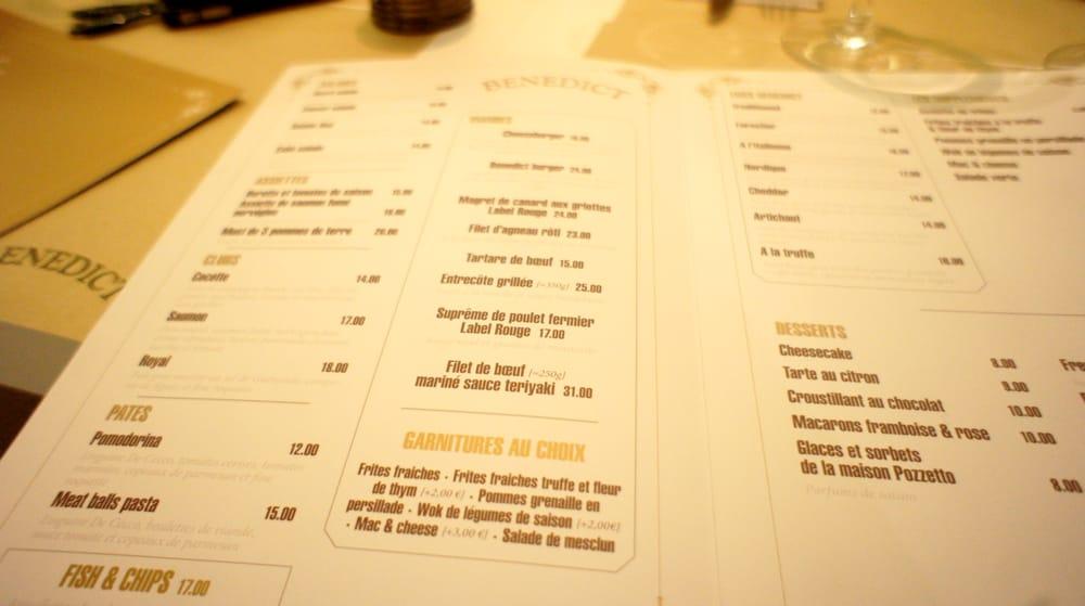 Menu at Benedict restaurant, Paris