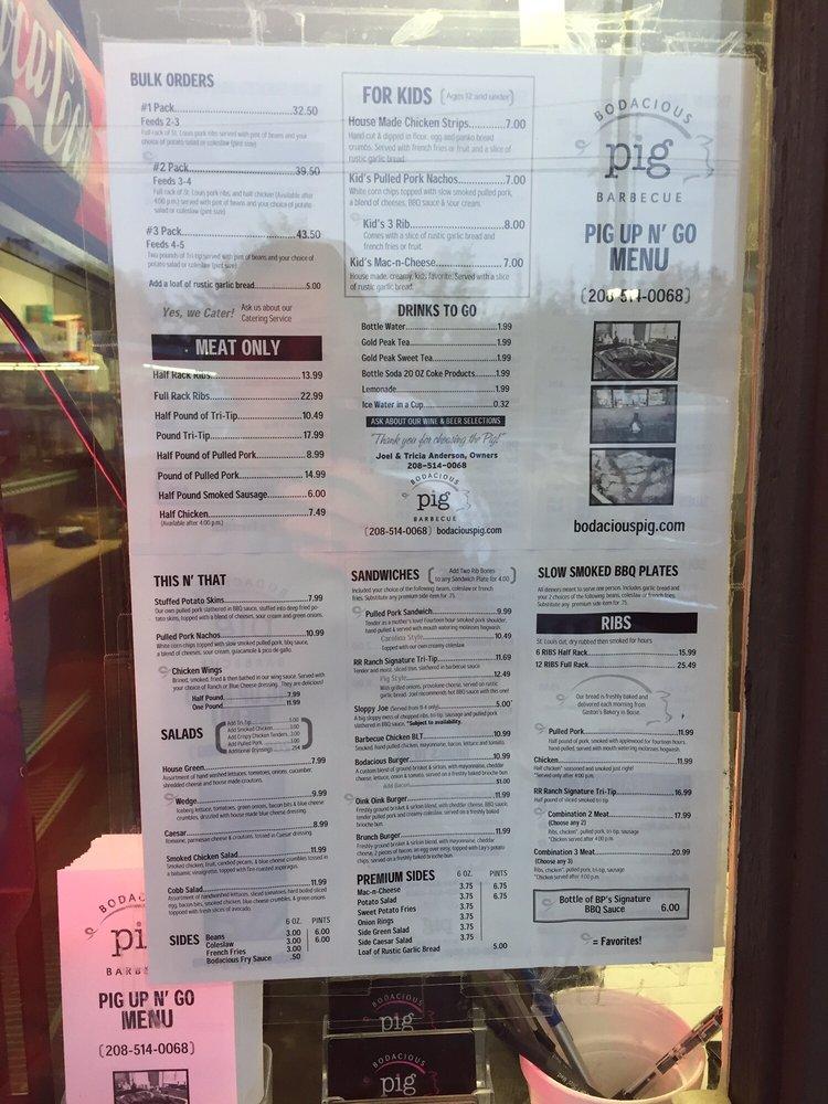 Menu at Bodacious Pig Barbecue, Eagle