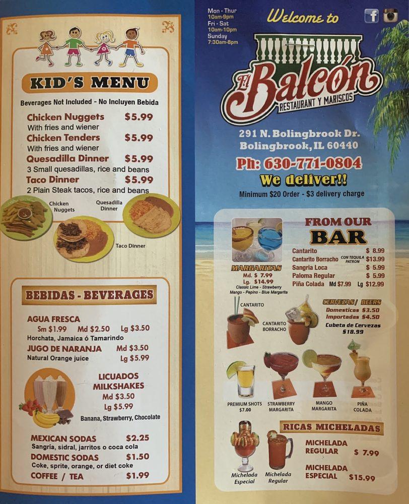 Menu at El Balcon Restaurant y Mariscos, Bolingbrook, 291 N Bolingbrook Dr