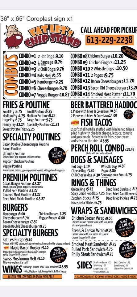 Menu at Fat Les's Chip Stand restaurant, Kemptville, 639 Van Buren St