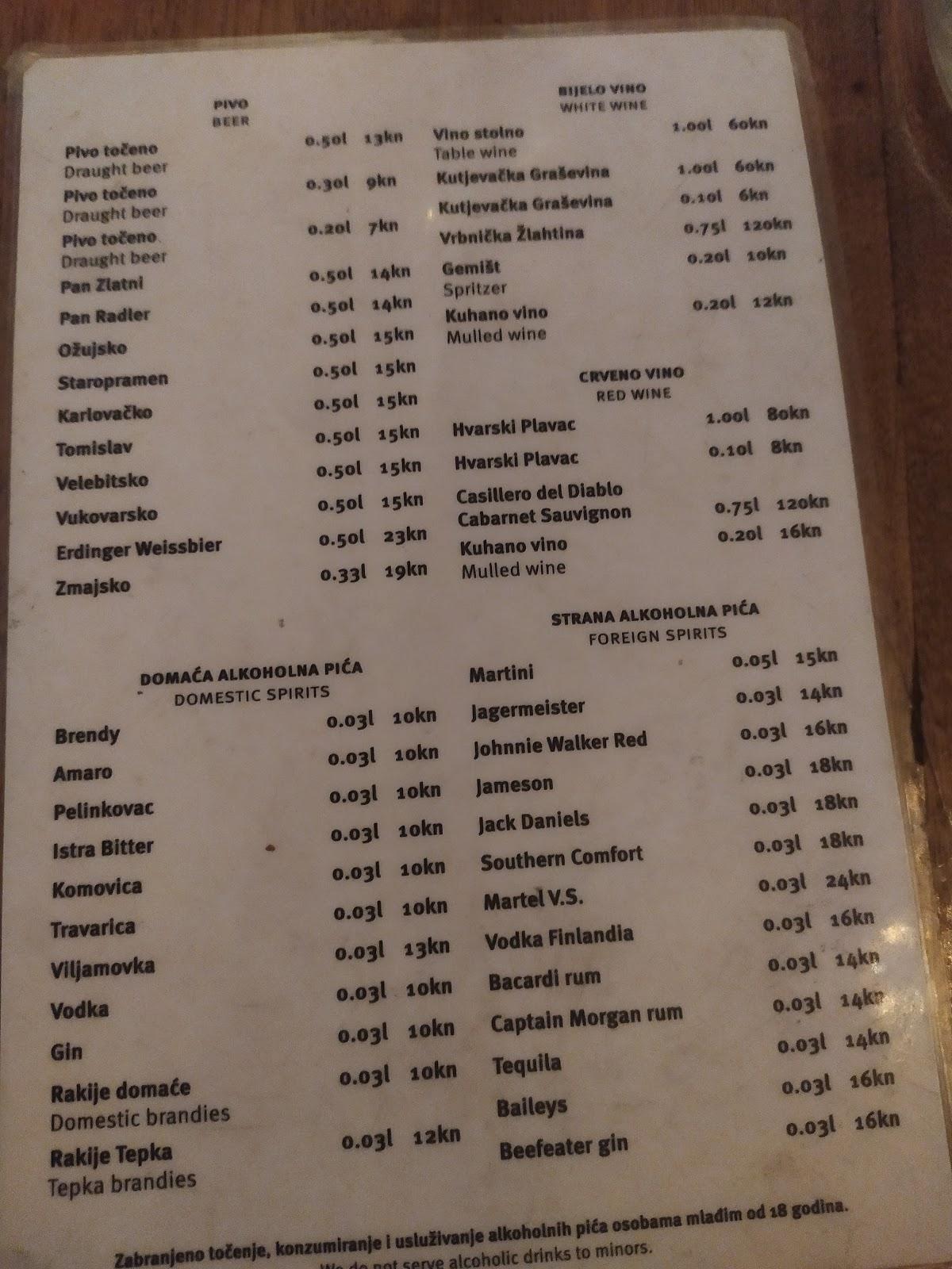 Menu at Caffe bar Gajba, Zagreb, Frankopanska ul. 9
