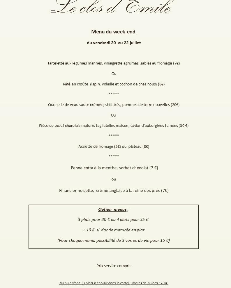Menu au Le clos d’Émile restaurant, Mornay-sur-Allier