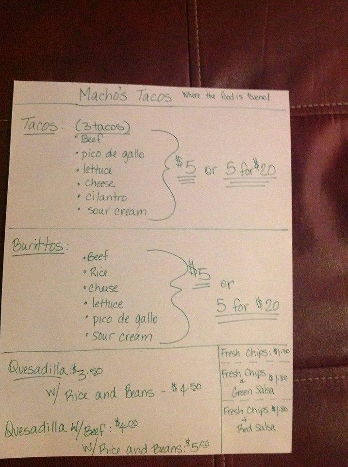 Menu at Macho's Tacos restaurant, War