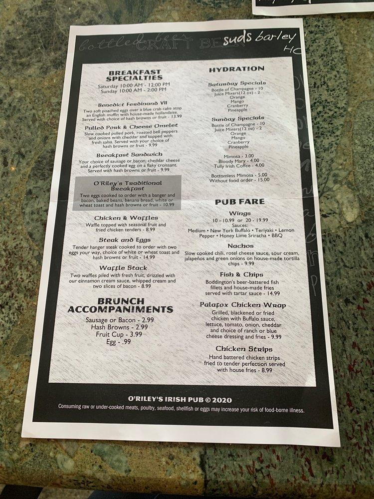 Menu at O'Riley's Irish Pub Downtown, Pensacola, 321 S Palafox St