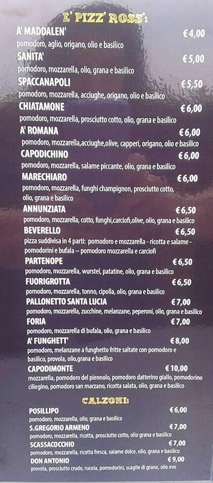 Menu at La Vera Pizza Napoletana restaurant, Monza