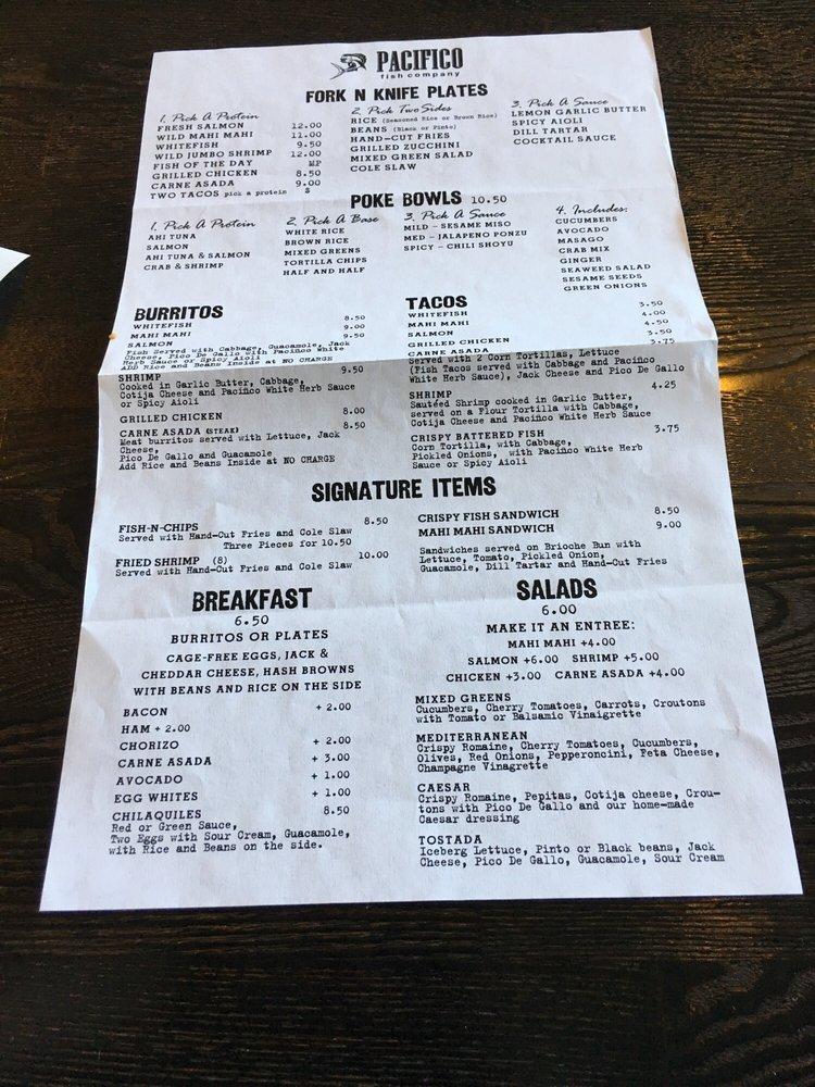 Menu at Pacifico Fish Company restaurant, Irvine, Alton Pkwy
