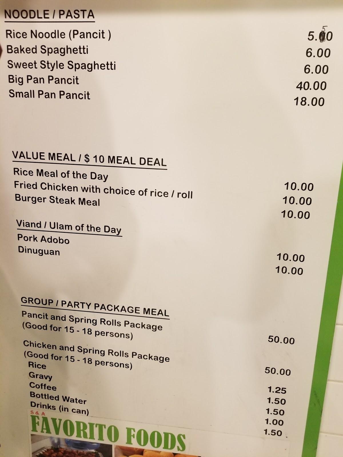 Menu at S&A Favorito Foods restaurant, Regina
