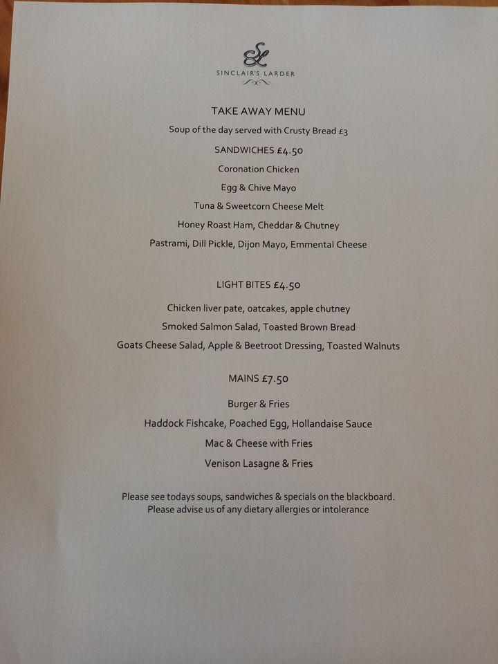 Menu at Sinclair's Larder cafe, Edzell