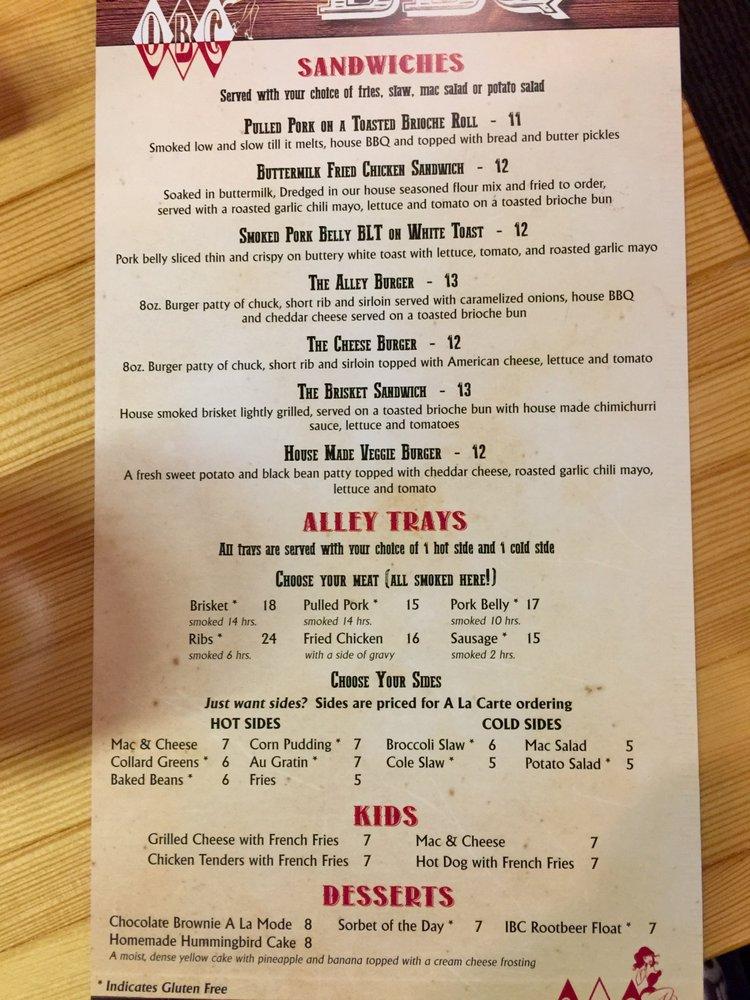 Menu at THE ALLEY BOWLING BBQ, Orleans