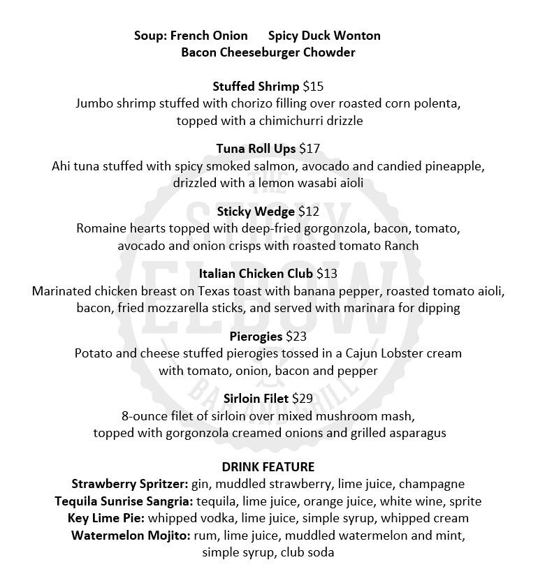 Menu at The Sticky Elbow restaurant, Williamsport