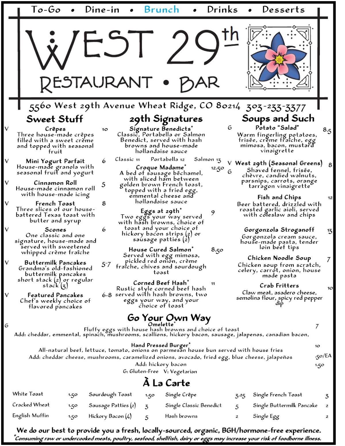 Menu at West 29th Restaurant & Bar, Wheat Ridge
