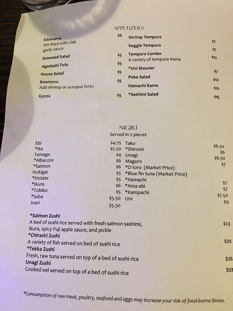 Menu at Zushi Sushi restaurant, Issaquah