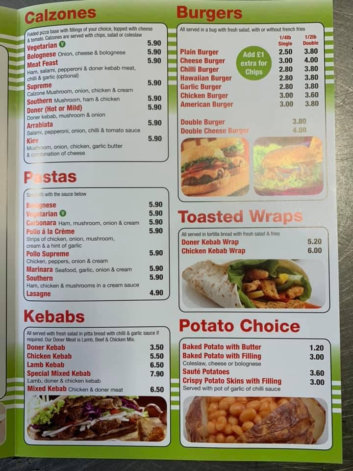 Menu at Leonardo's Takeaway restaurant, Grimsby