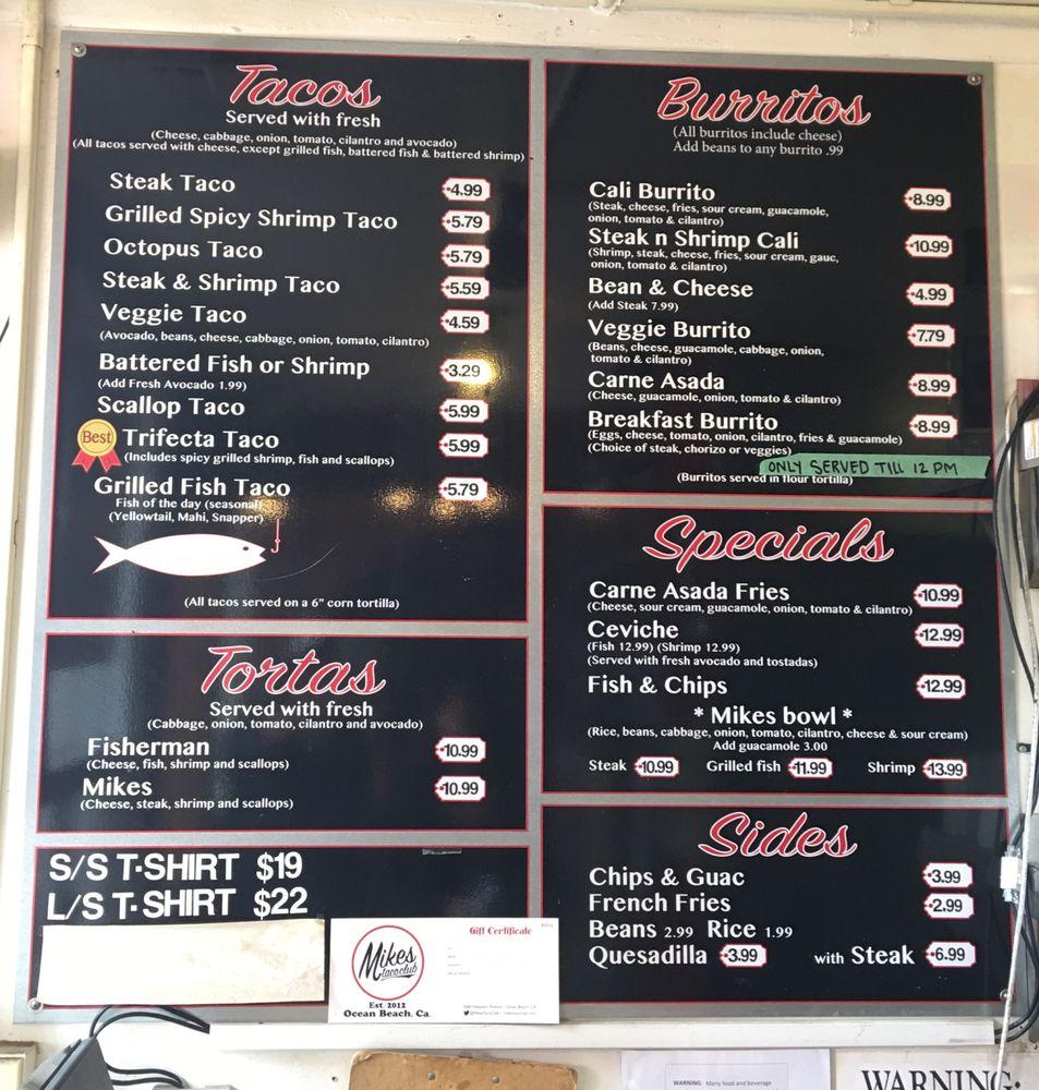 Menu at Mike's Taco Club, San Diego