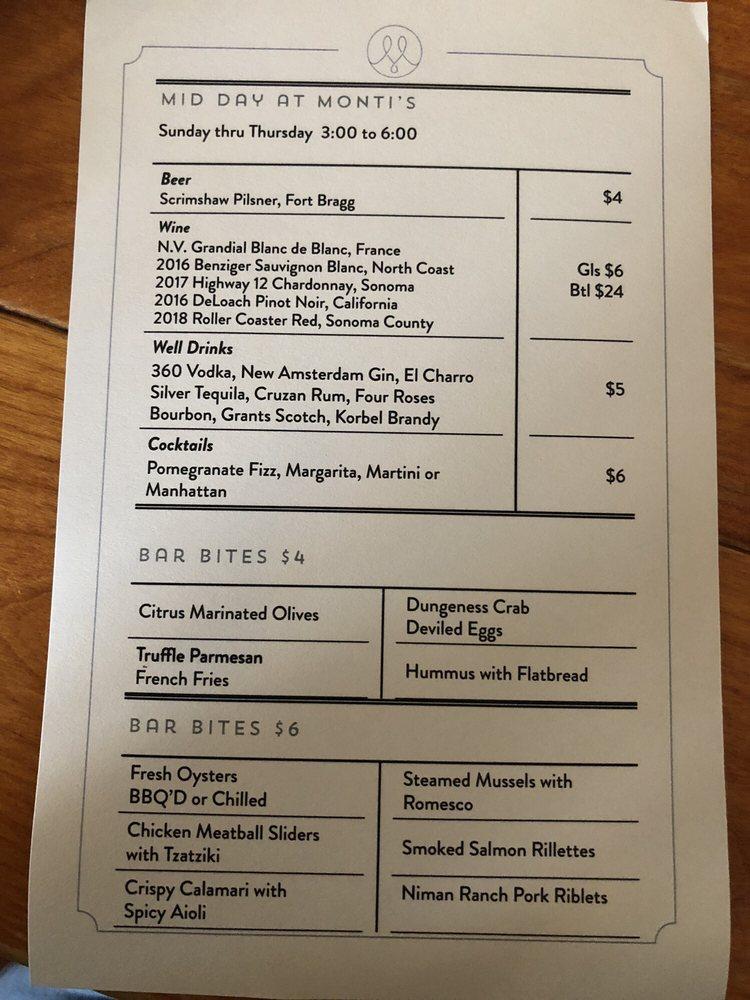 Menu at Monti's pizzeria, Santa Rosa
