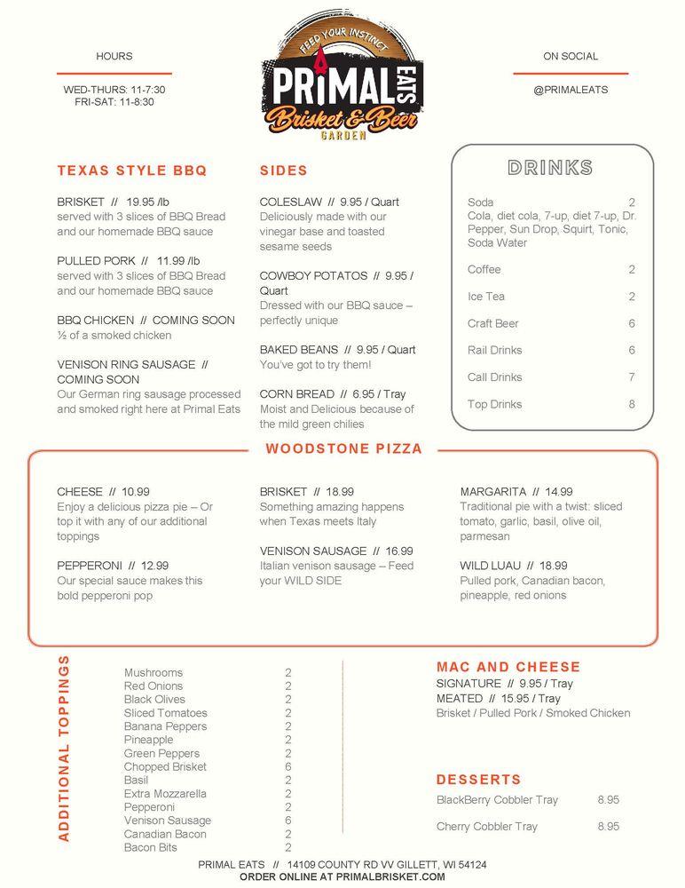 Menu at Primal Eats BBQ, USA