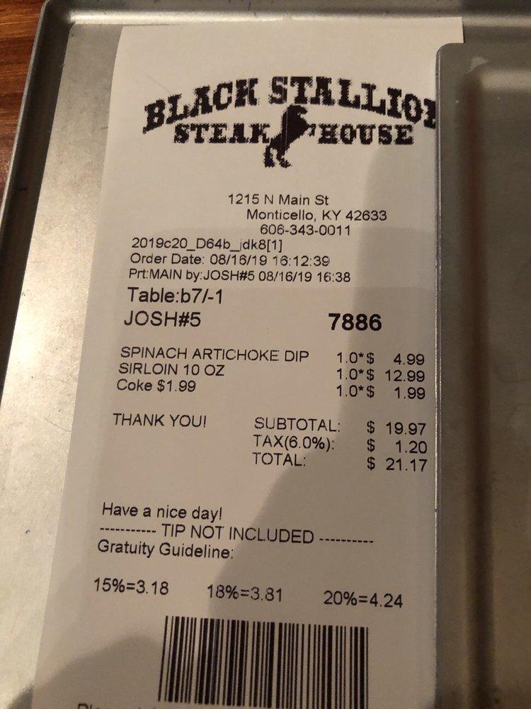 Menu at Black Stallion Steak House Restaurant, Monticello