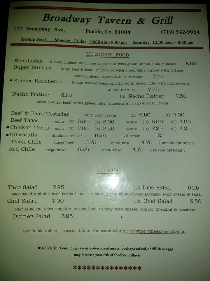 Menu at Broadway Tavern & Grill pub & bar, Pueblo