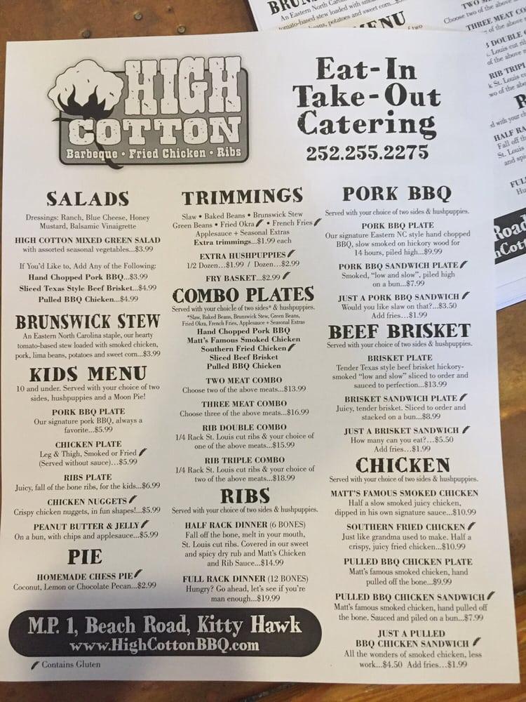 Menu at High Cotton Barbeque, Kitty Hawk