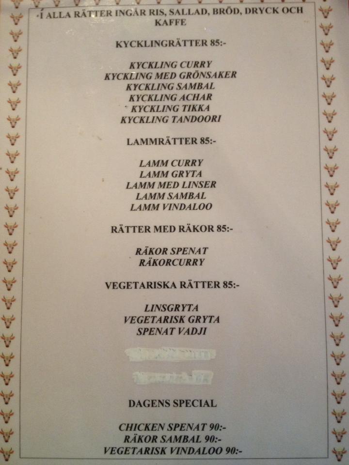 Menu at Holy Cow restaurant, Stockholm, Ringvägen 87