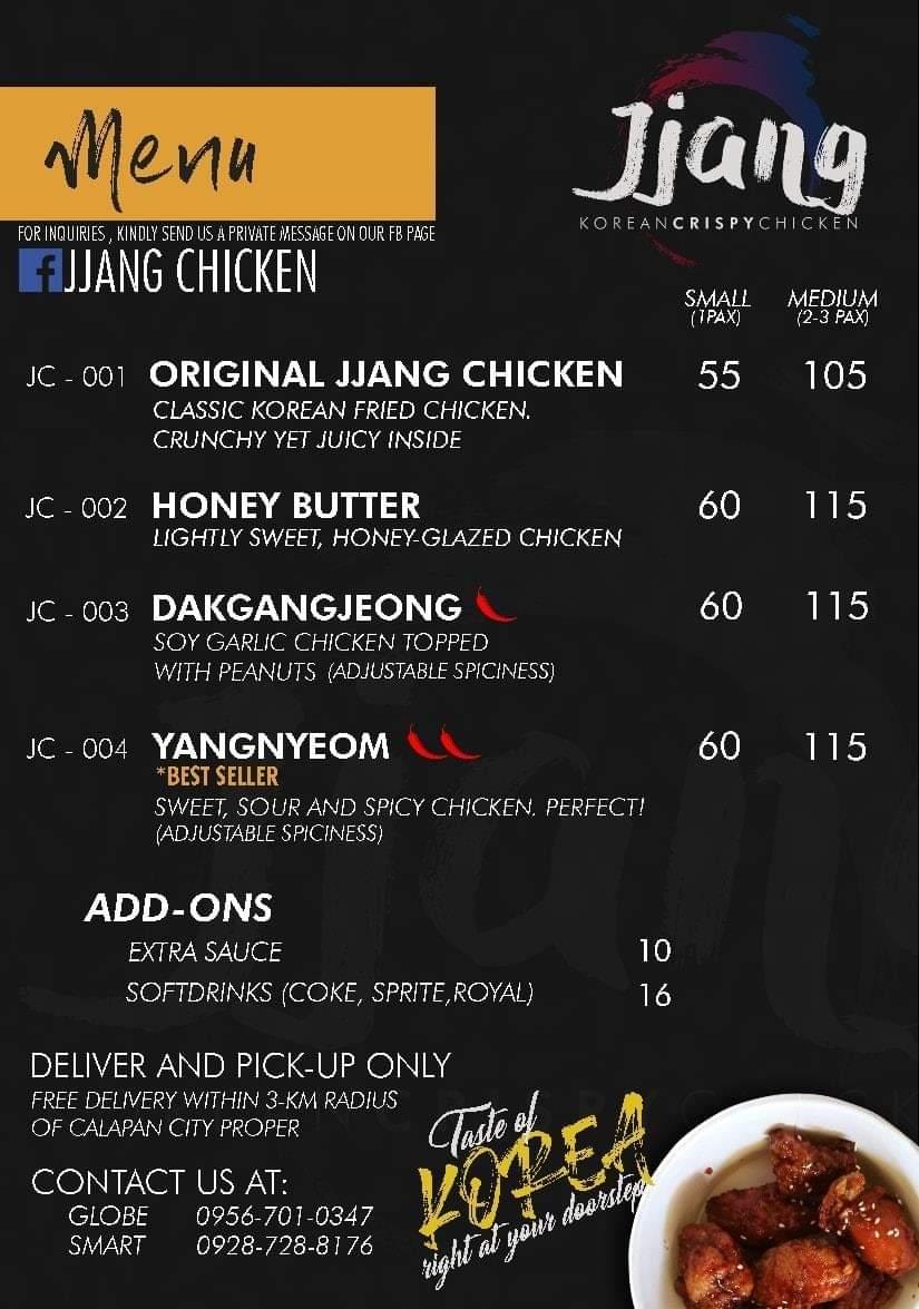 Menu at Jjang Chicken restaurant, Calapan