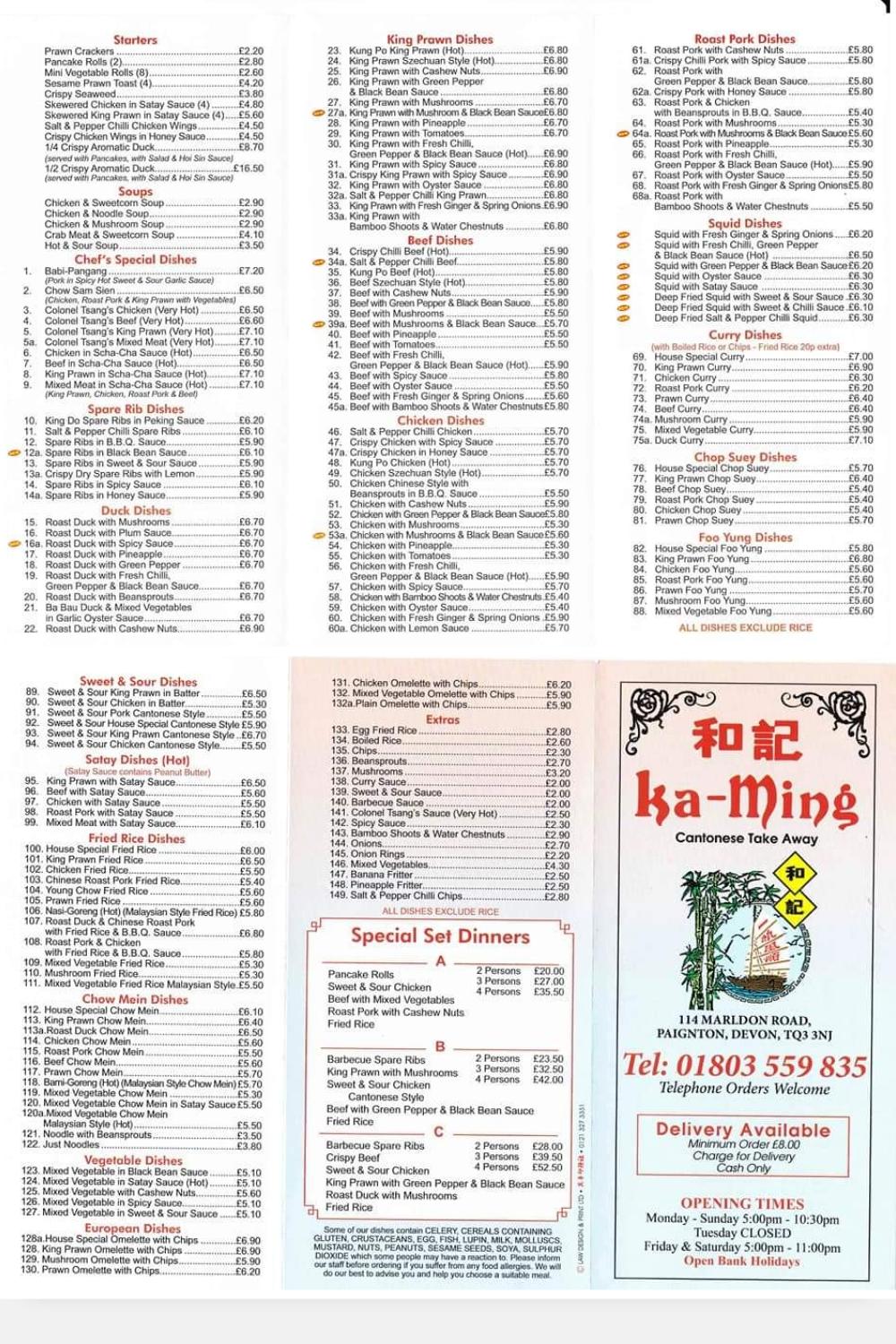 Menu at Ka-Ming Cantonese fast food, Paignton