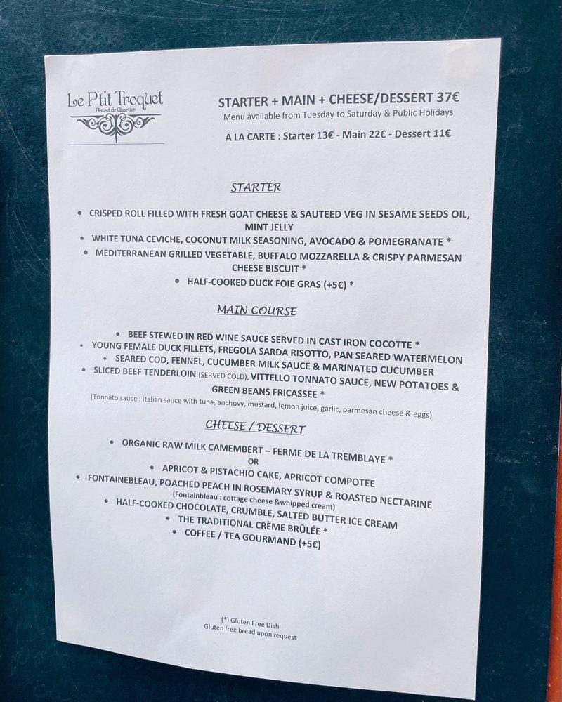 Menu at Le P'tit Troquet restaurant, Paris