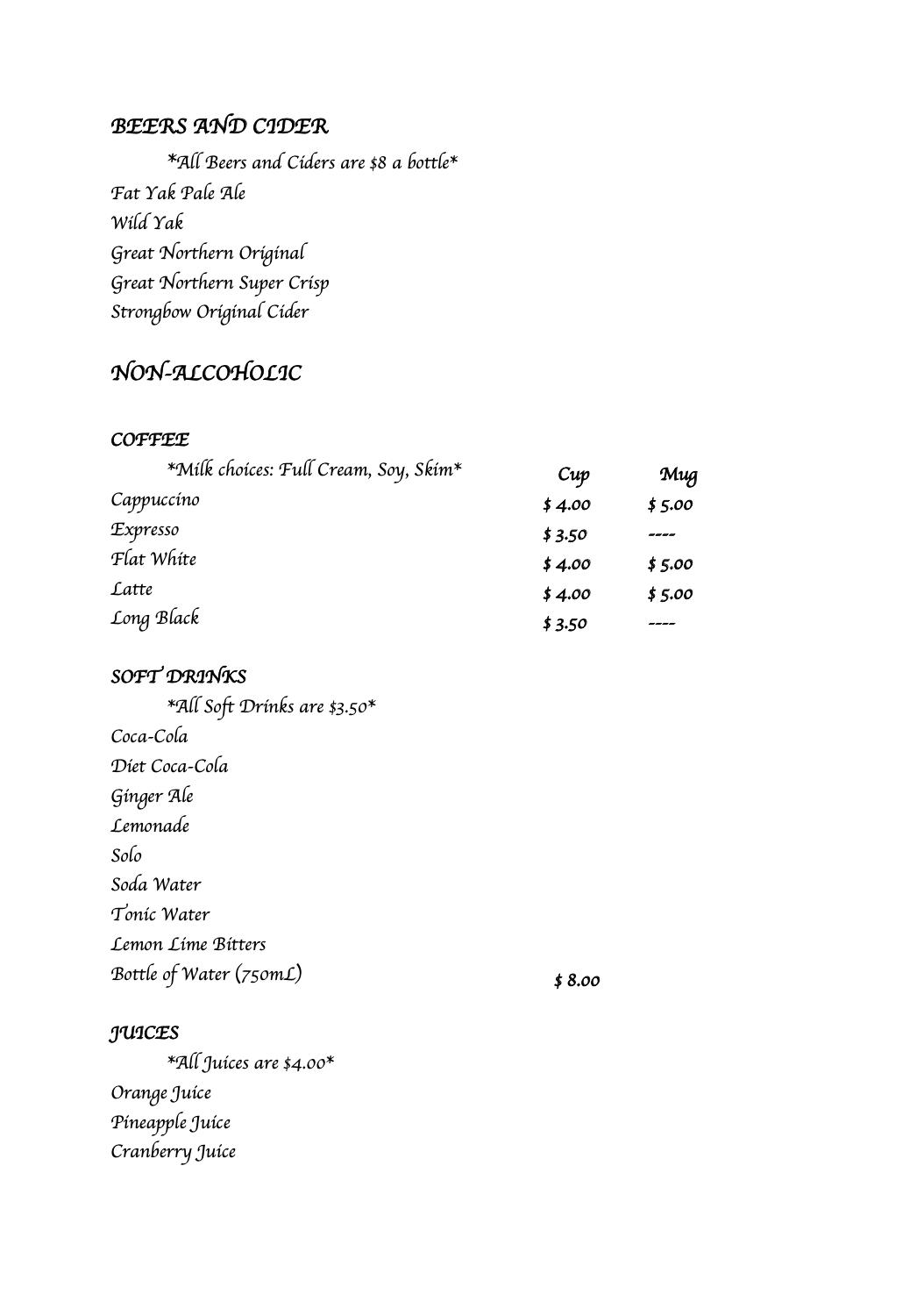 Menu at Little Eden restaurant, Yungaburra