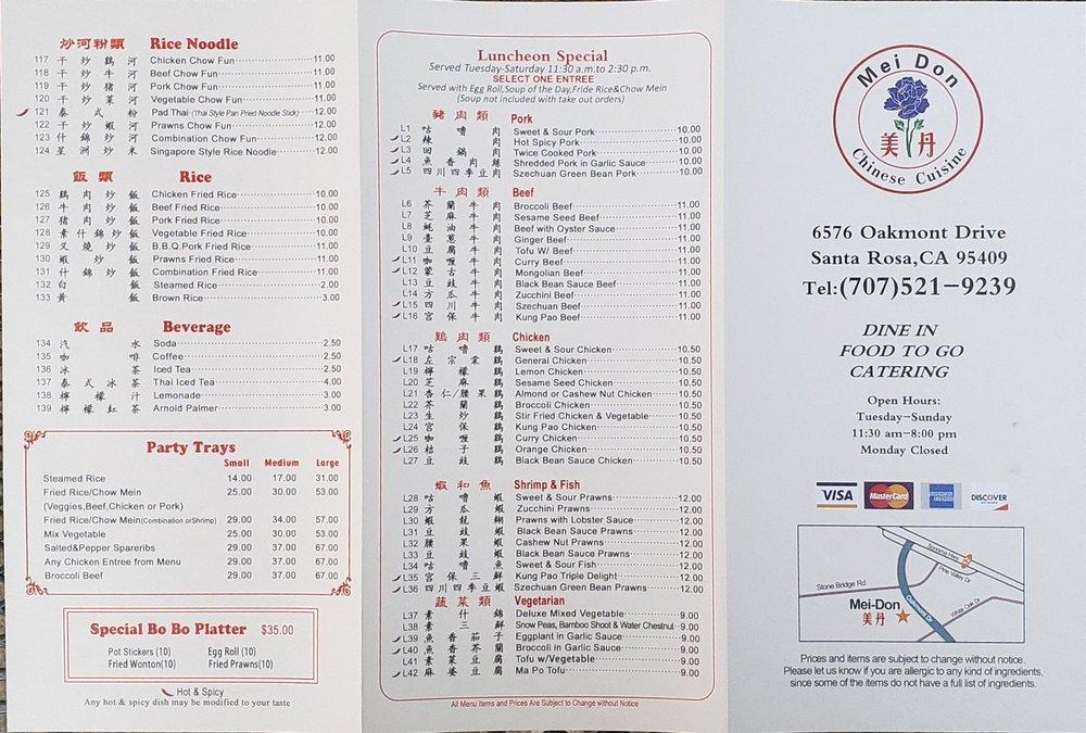 Menu at Mei-Don Chinese Cuisine restaurant, Santa Rosa