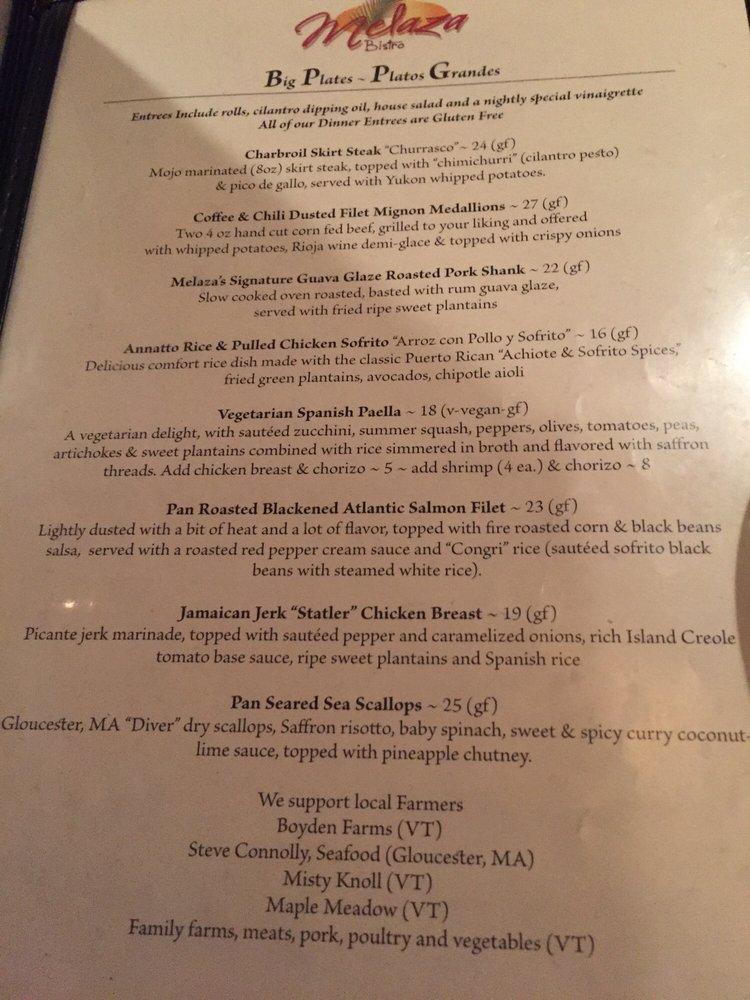 Menu at Melaza Bistro restaurant, Woodstock