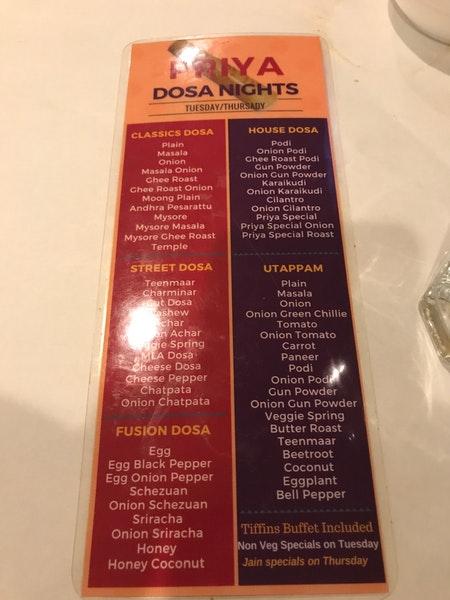 Menu at Priya Indian Restaurant, Schaumburg