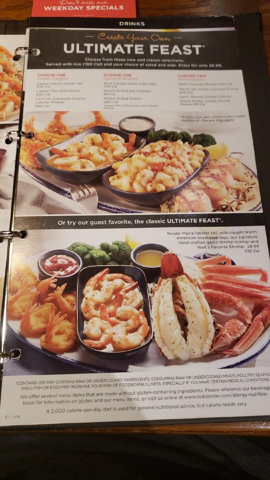 Menu at Red Lobster restaurant, Jackson
