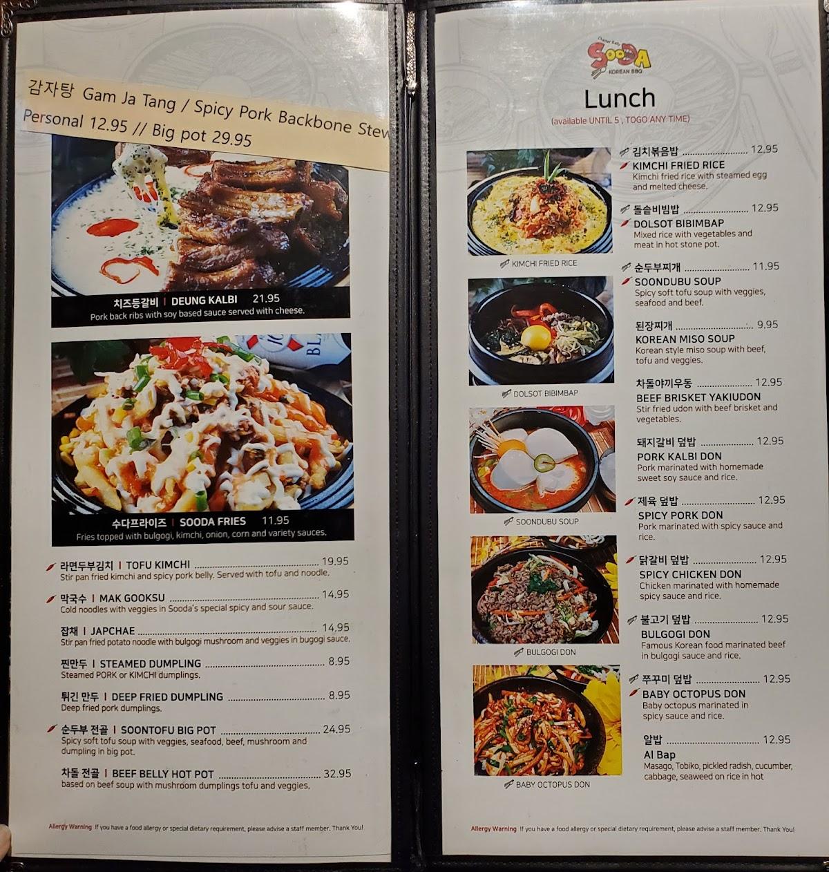 Menu at Sooda Korean BBQ, Burnaby