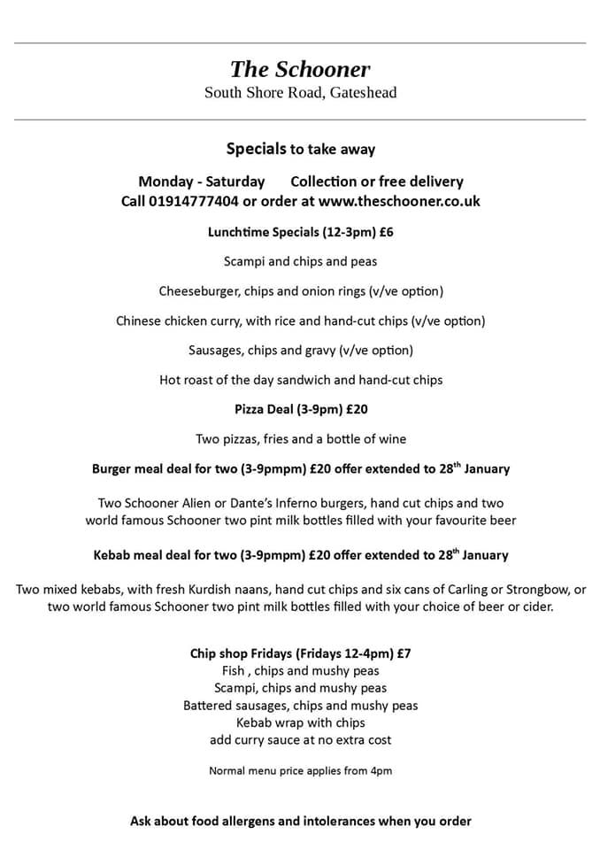 Menu at The Schooner pub & bar, Gateshead