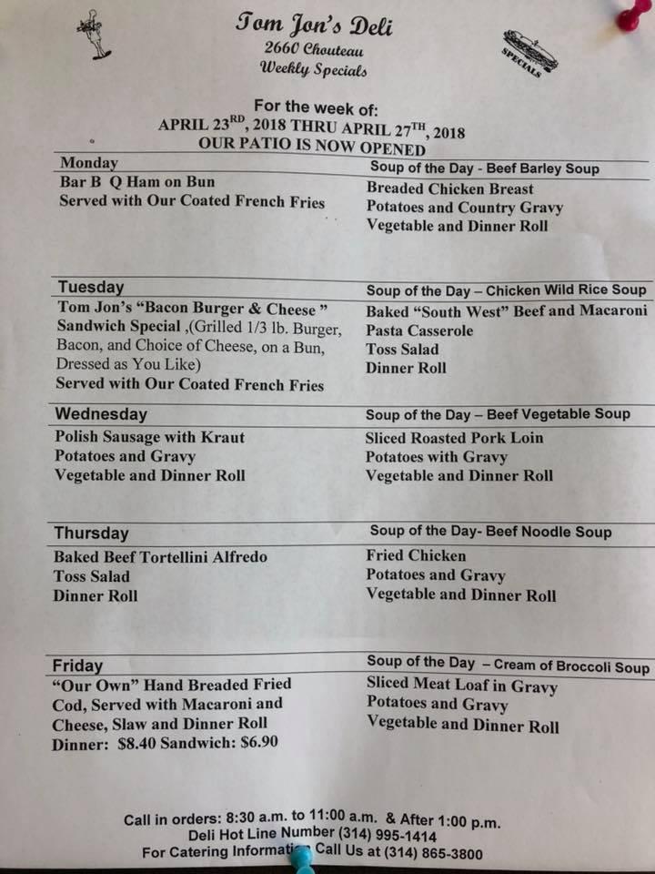 Menu at Tom Jon's Catering restaurant, St. Louis
