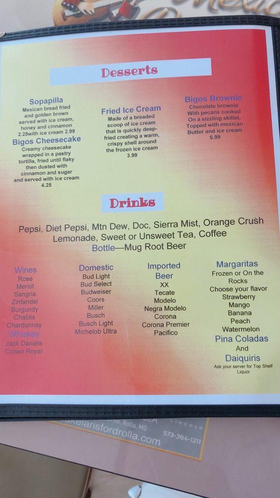 Menu at Bigos Mexican Restaurants, Salem, State Hwy 32