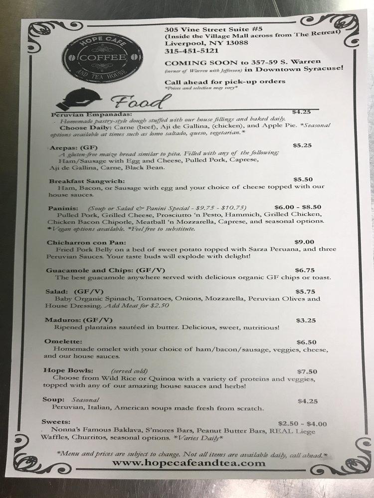 Menu at Hope Cafe, Liverpool