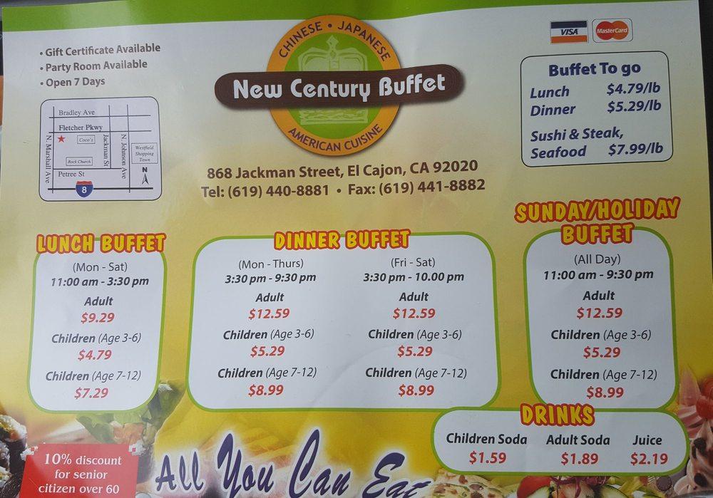 Menu at New Century Buffet restaurant, El Cajon